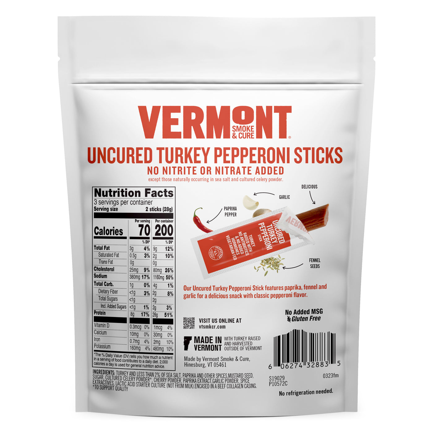 Uncured Turkey Pepperoni Minis (8 @ 3oz) - VT Smoke & Cure