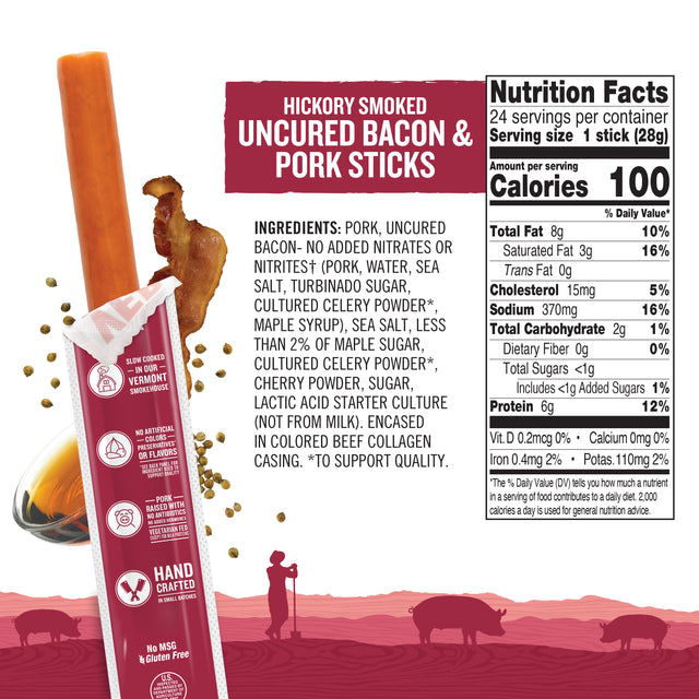 Uncured Bacon Pork Sticks 1oz (24 ct) – Vermont Smoke & Cure